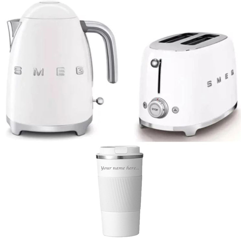 SMEG Kettle and Toaster Bundle with Travel Mug in White – Lovii